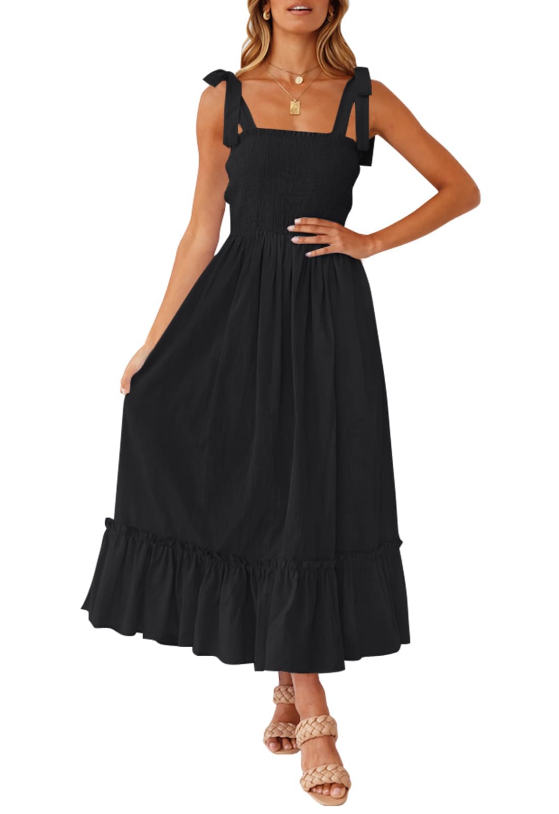 ZESICA Women's 2024 Summer Boho Spaghetti Strap Square Neck Solid Color Ruffle A Line Beach Long Maxi Dress,Black,Small