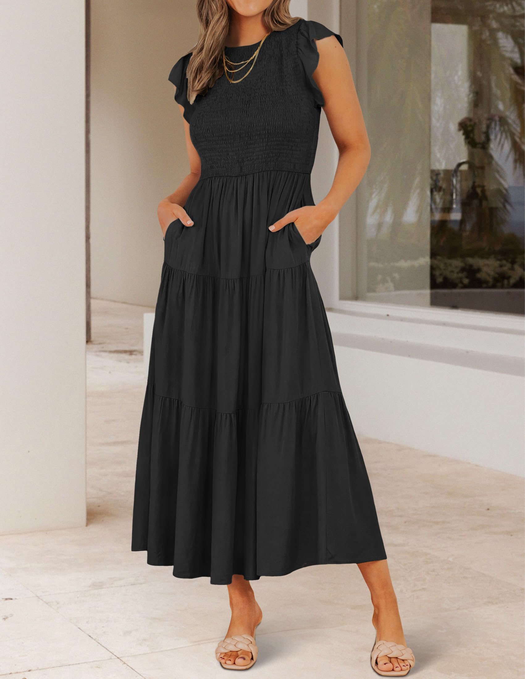 ZESICA Women's 2025 Summer Casual Flutter Short Sleeve Crew Neck Smocked Elastic Waist Tiered Midi Dress,AllBlack,Medium