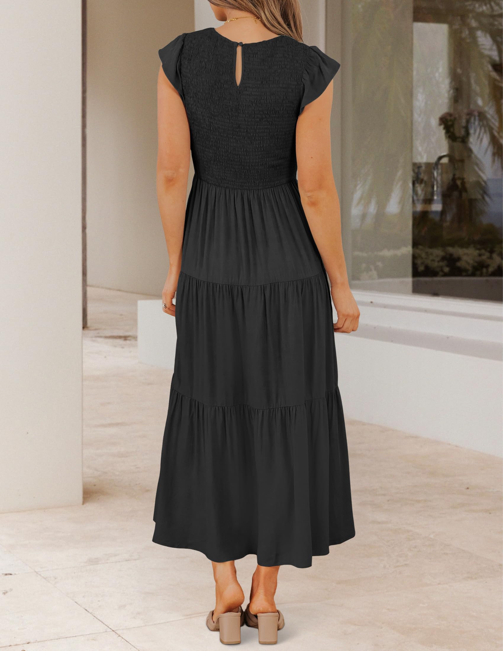ZESICA Women's 2025 Summer Casual Flutter Short Sleeve Crew Neck Smocked Elastic Waist Tiered Midi Dress,AllBlack,Medium