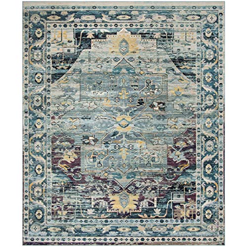 SAFAVIEH Crystal Collection 8' x 10' Teal / Purple CRS503D Boho Chic Oriental Medallion Distressed Non-Shedding Living Room Bedroom Dining Home Office Area Rug