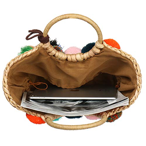 Womens Large Straw Bags Beach Tote Bag Handwoven Hobo Bag Summer Beach Bag Straw Handbag (Brown with Pom Poms)