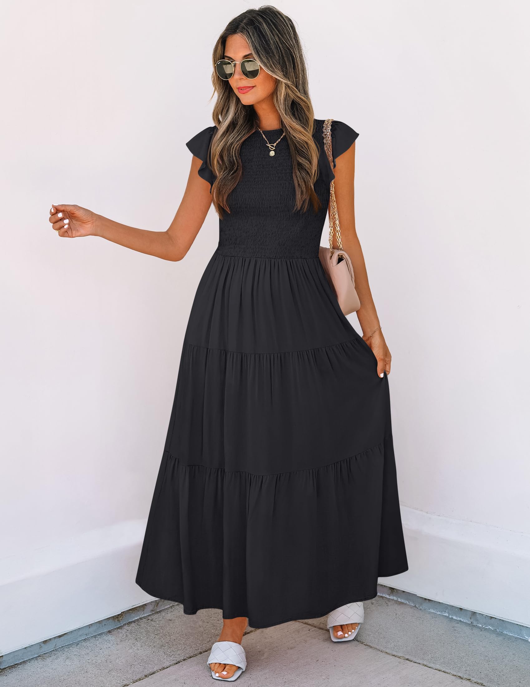 ZESICA Women's 2025 Summer Casual Flutter Short Sleeve Crew Neck Smocked Elastic Waist Tiered Midi Dress,AllBlack,Medium