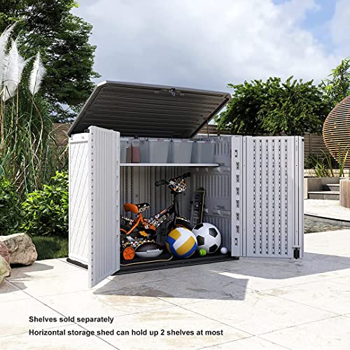 KINYING Outdoor Storage Shed - Horizontal Storage Box Waterproof for Garden, Patios, Backyards, Multi-Opening Door for Easy Storage of Bike, Garbage Cans, Tools, Lawn Mower, Off-White, 26 Cubic Feet