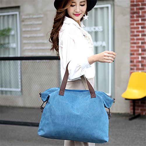 PILER Women's Casual Vintage Hobo Canvas Daily Purse Top Handle Shoulder Tote Shopper Handbag Large Capacity Casual Bag (white) (blue)