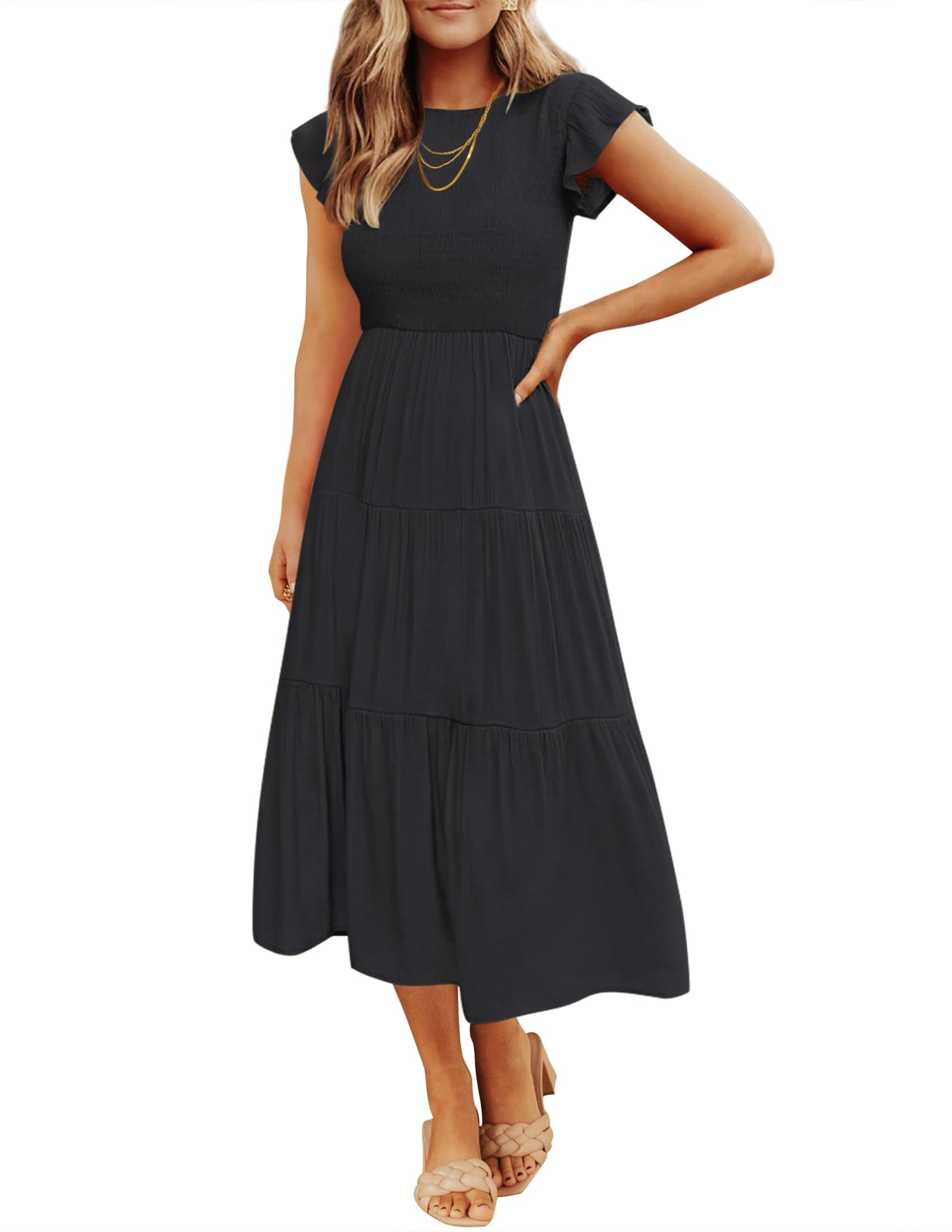 ZESICA Women's 2025 Summer Casual Flutter Short Sleeve Crew Neck Smocked Elastic Waist Tiered Midi Dress,AllBlack,Medium
