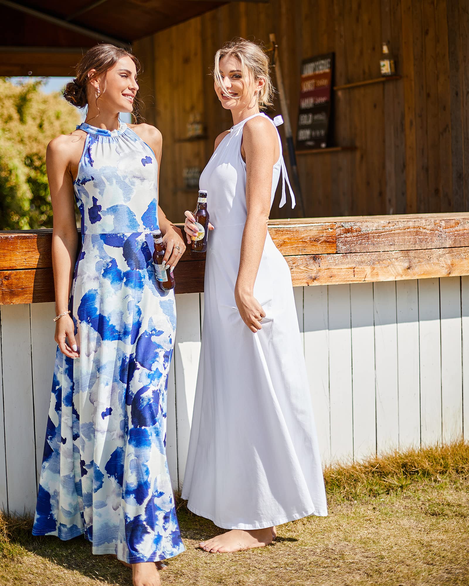 STYLEWORD Womens Summer Maxi Dresses Halter Formal Wedding Guest Cocktail Tea Party Long Spring Dresses 2025 Trendy(Blue Floral,L)