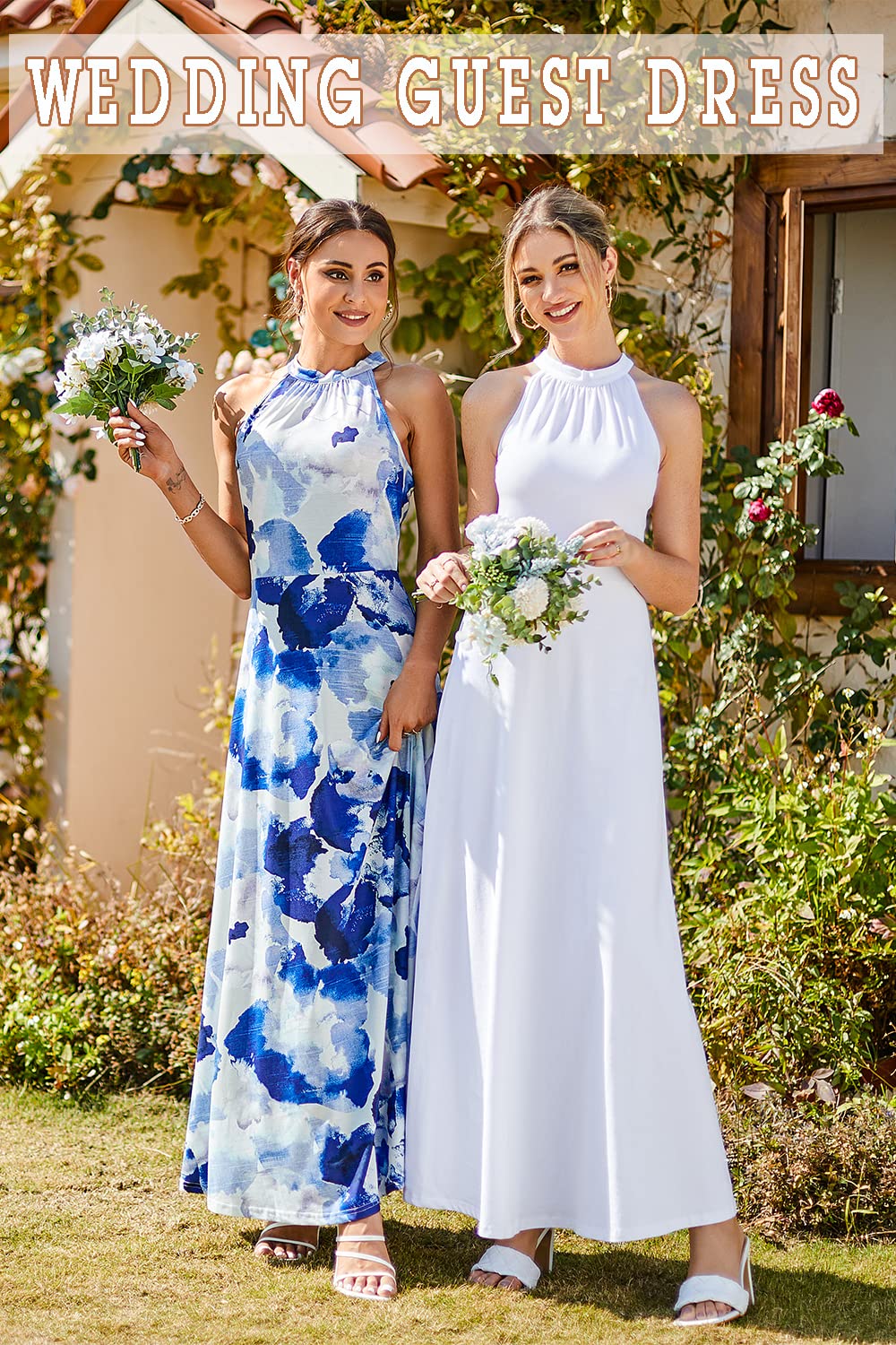 STYLEWORD Womens Summer Maxi Dresses Halter Formal Wedding Guest Cocktail Tea Party Long Spring Dresses 2025 Trendy(Blue Floral,L)