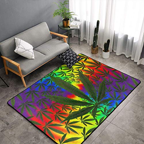 O-X_X-O Premium Super Soft Indoor Modern Contemporary Area Rugs Anti-Skid Carpet for Dining Room Living Room Bedroom 60 X 39 Inch Floor Mat (Psychedelic Multi Color Marijuana Leaf Weed Tie Dye)