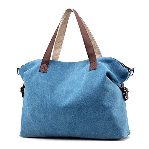 PILER Women's Casual Vintage Hobo Canvas Daily Purse Top Handle Shoulder Tote Shopper Handbag Large Capacity Casual Bag (white) (blue)