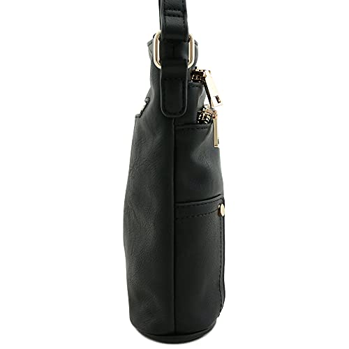 FashionPuzzle Triple Zip Pocket Medium Crossbody Bag (Black)