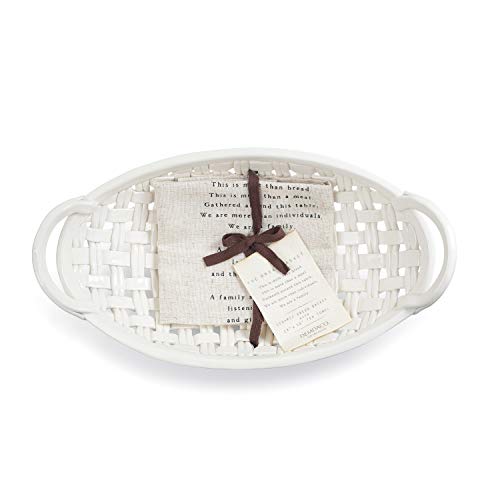 DEMDACO Bread Basket White 15 x 8 Ceramic Earthenware Decorative Bowl With Towel