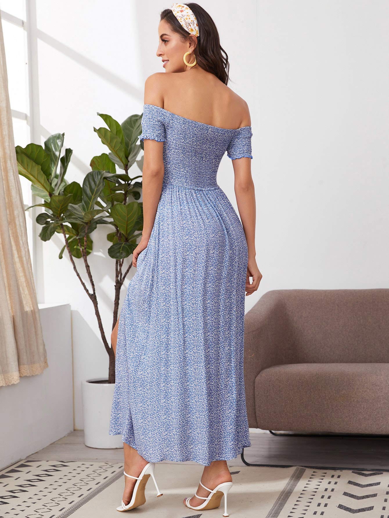 Floerns Women's Boho Floral Print Off Shoulder Split Long A Line Dress Blue Flower M