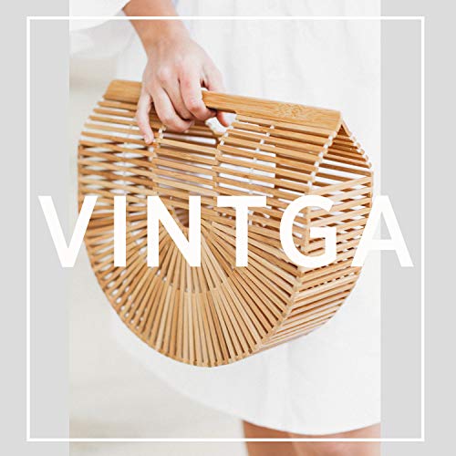 Vintga Bamboo Bags for Women Summer Straw Wooden Beach Purses Basket Handle Handbags (Small)
