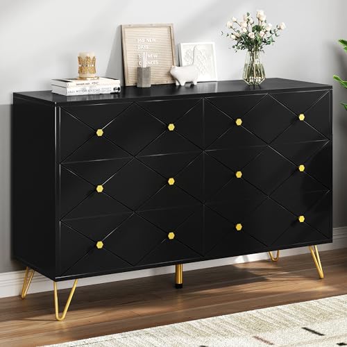 DWVO Large 6 Drawer Dresser for Bedroom, Black Wood Dresser Chest of Drawers with Fluted Panels, Modern 47" W TV Stand Double Dressers Storage Cabinet for Living Room, Hallway, Entryway