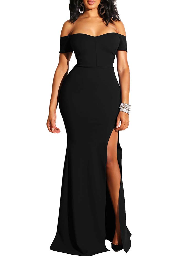 YMDUCH Women's Off Shoulder High Split Long Formal Party Dress Evening Gown Black