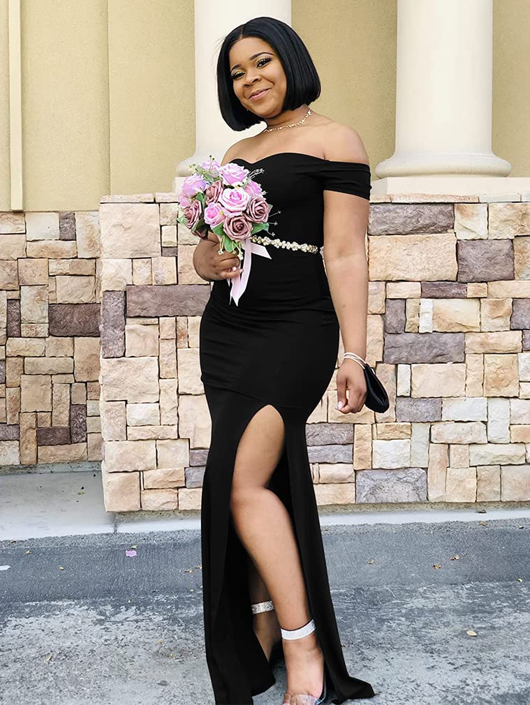YMDUCH Women's Off Shoulder High Split Long Formal Party Dress Evening Gown Black
