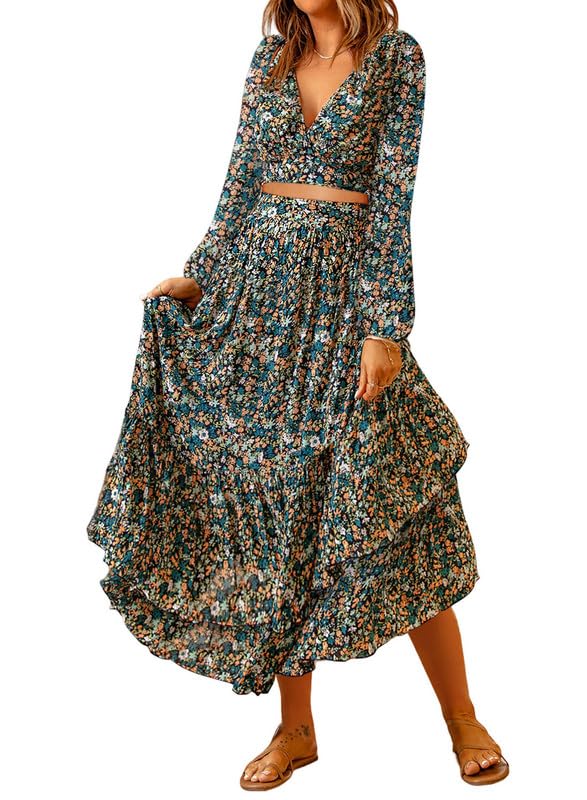 Dokotoo Women's 2 Piece Chiffon Boho Dress Long Puff Sleeve Deep V Neck Skirt Sets Ruffle Tiered Maxi Dress Tie Waist Irregular Hem Flowy Beach Dresses Small Multicolor