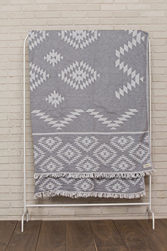 Bersuse 100% Cotton Teotihuacan XL Throw Blanket Turkish Towel - 75x90 Inches, Silver Grey