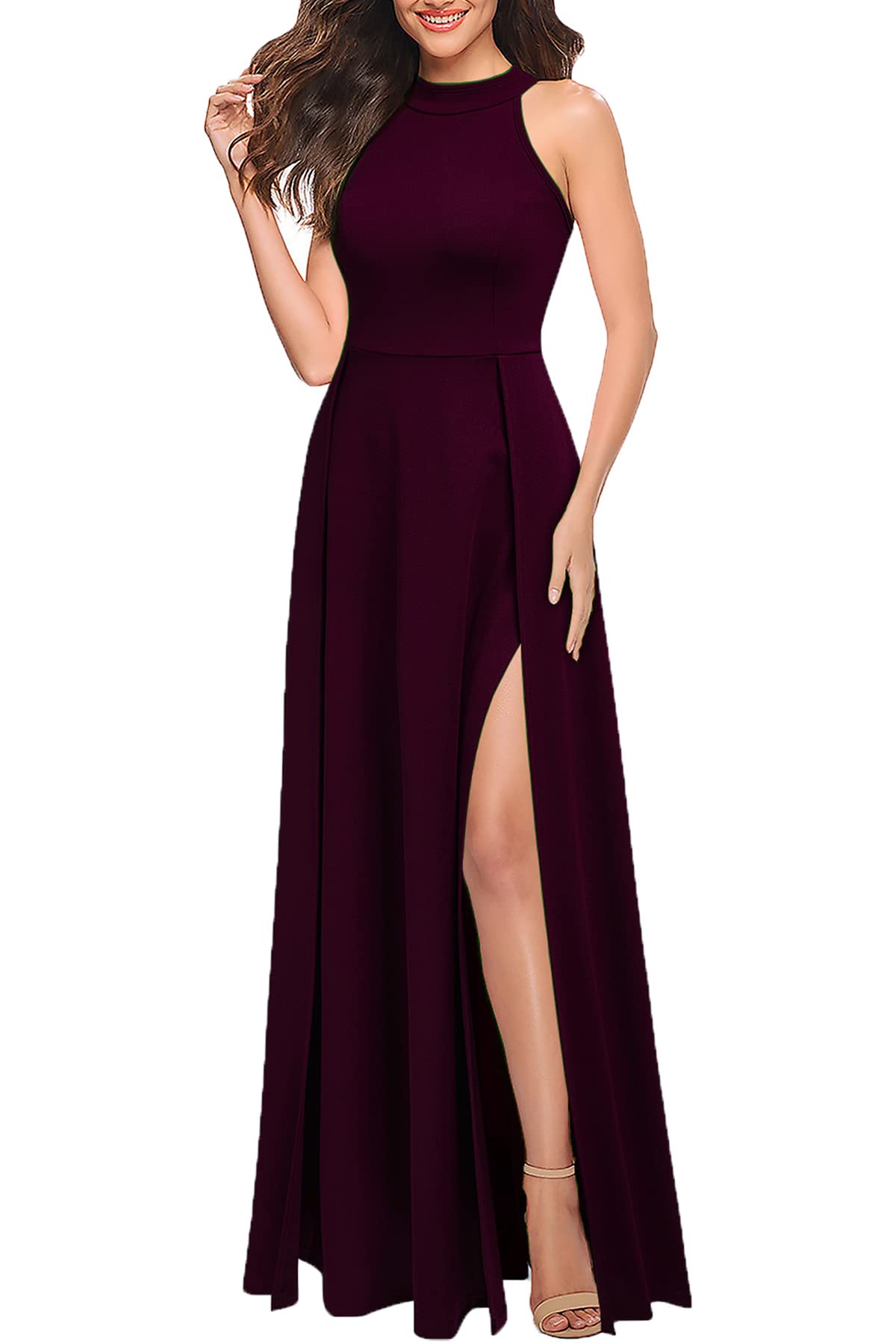 MUSHARE Women's Halter Neck Sexy Split Cocktail Party Maxi Long Formal Dress Burgundy
