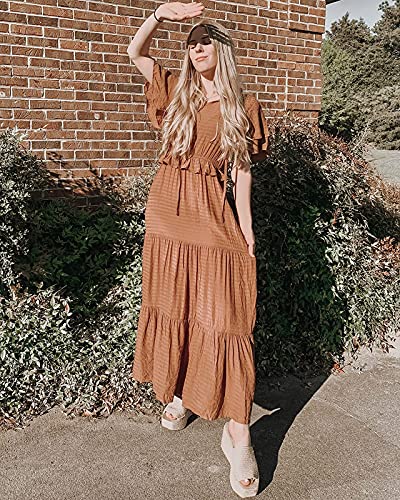 PRETTYGARDEN Womens Summer Boho Maxi Dress Short Sleeve V Neck Ruffle Trim High Waisted Tiered Party Flowy Long Dresses 2023 (Coffee, Medium)