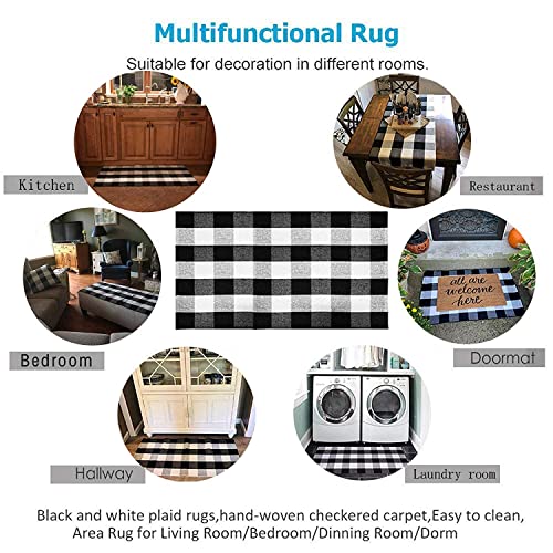 SEEKSEE Buffalo Plaid Outdoor Fall Rug 27.5“X43” Checkered Area Rug Black and White Runner Rug Washable Doormat Cotton Boho Bedroom Rug for Kitchen Entryway Hallway Front Door Farmhouse Living Room