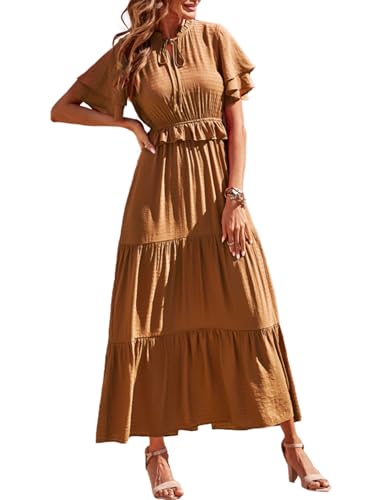 PRETTYGARDEN Womens Summer Boho Maxi Dress Short Sleeve V Neck Ruffle Trim High Waisted Tiered Party Flowy Long Dresses 2023 (Coffee, Medium)