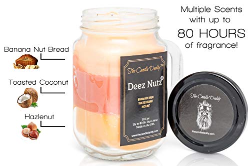 Deez Nutz Scented Candle - Banana Nut Bread, Toasted Coconut, Hazelnut Scented Triple Layer Candle - 10.5 oz Mason Jar Candle - Funny Gag Joke Candle Poured in Small Batches in USA- The Candle Daddy