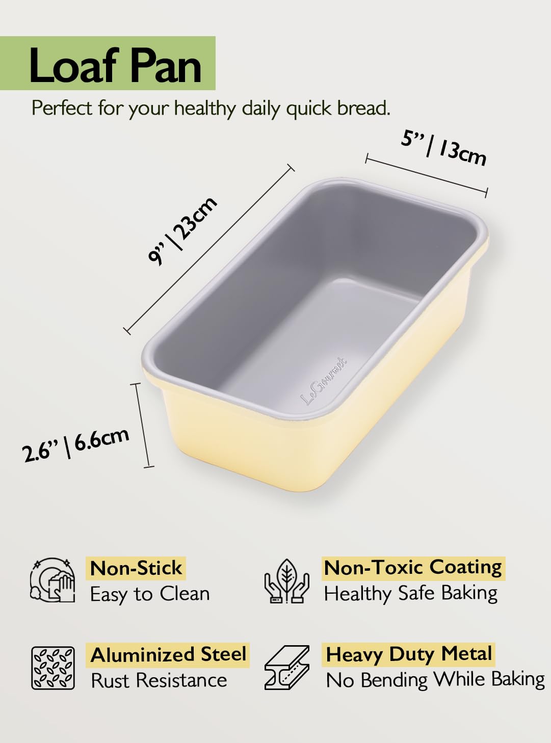 LeGourmet Nonstick Bread Loaf Pan 9 X 5 Inch, Ceramic Coating, Non-Toxic, Rust Resistant Aluminized Steel, Perfect 1 lb Baking Dish for Meatloaf, Pound Cake & Brownie (Butter)