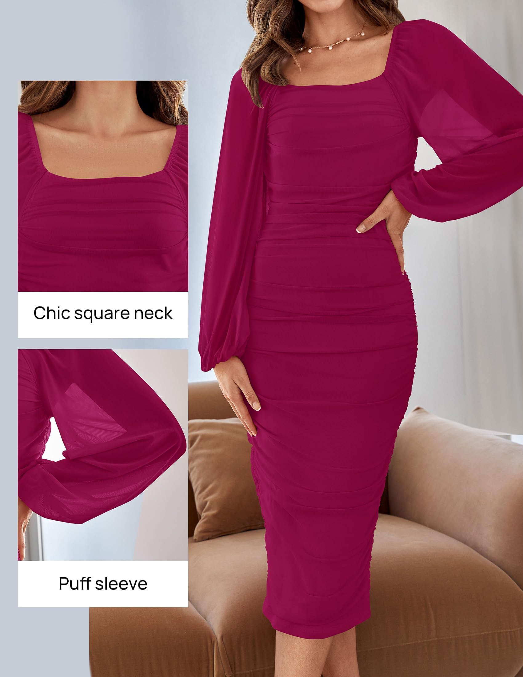 ZESICA Women's Sexy Ruched Bodycon Midi Dress Long Puff Sleeve Square Neck Backless Cocktail Party Wedding Dresses,Plum,Small