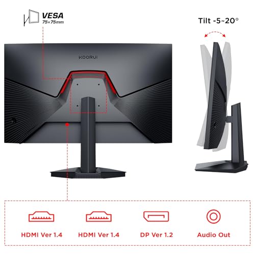 KOORUI 24 Inch Gaming Monitor, 165Hz IPS 1080p 1ms Adaptive Sync, Frameless, HDMI, DisplayPort, Tilt Adjustable, Eye Care, VESA Wall Mount, Black