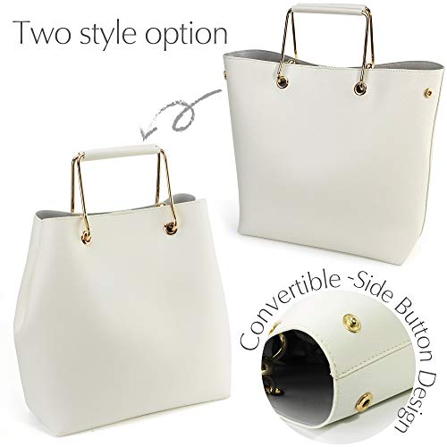 Women Tote with Metal Handle Vegan Leather Convertible Top Handle Handbag (Ivory)