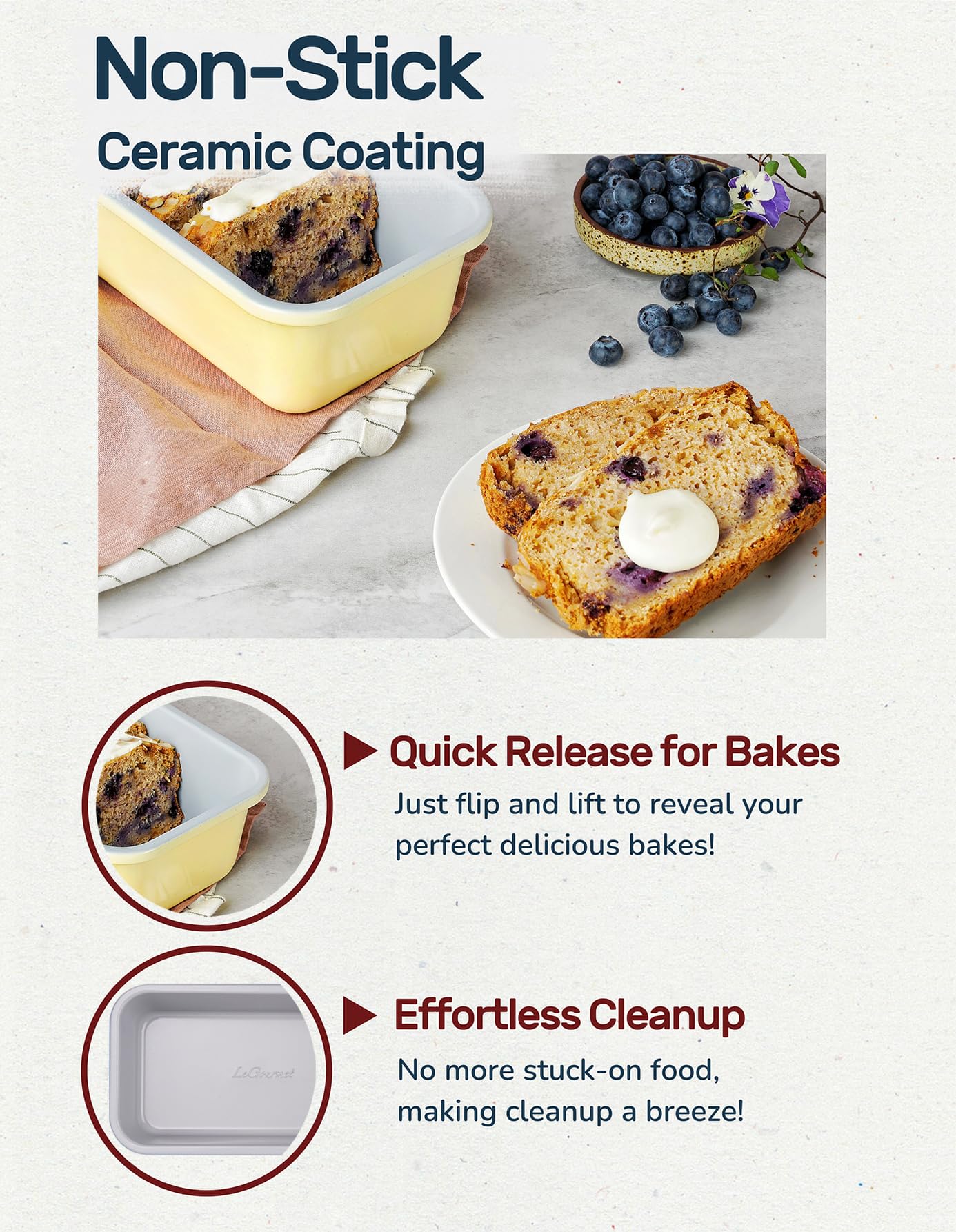 LeGourmet Nonstick Bread Loaf Pan 9 X 5 Inch, Ceramic Coating, Non-Toxic, Rust Resistant Aluminized Steel, Perfect 1 lb Baking Dish for Meatloaf, Pound Cake & Brownie (Butter)