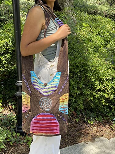 Handbag AND Backpack Bohemian Embroidered Ripped Razor Cut Sling Crossbody Purse in Brown Large
