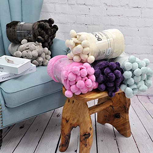 Home Soft Things Pompom Bed Couch Throw Blanket, 50'' x 60'', Harbor Blue, Fuzzy Soft Comfy Warm Decorative Throw Blanket for Living Room Bedroom Suitable for All Seasons