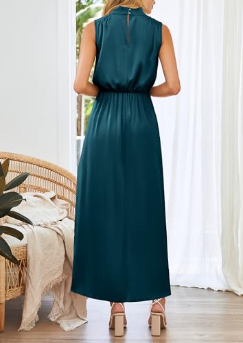PRETTYGARDEN Women's Long Formal Satin Dress Mock Neck Sleeveless Side Slit Flowy Maxi Tank Dresses (Dark Blue,Medium)