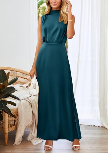 PRETTYGARDEN Women's Long Formal Satin Dress Mock Neck Sleeveless Side Slit Flowy Maxi Tank Dresses (Dark Blue,Medium)