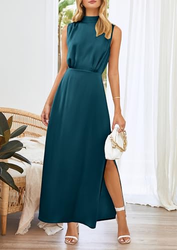 PRETTYGARDEN Women's Long Formal Satin Dress Mock Neck Sleeveless Side Slit Flowy Maxi Tank Dresses (Dark Blue,Medium)
