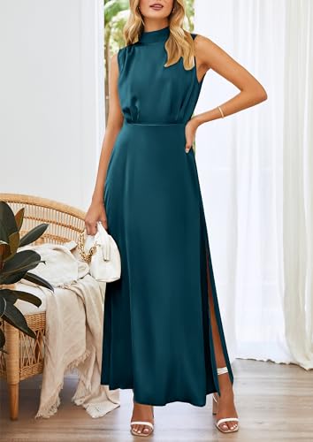 PRETTYGARDEN Women's Long Formal Satin Dress Mock Neck Sleeveless Side Slit Flowy Maxi Tank Dresses (Dark Blue,Medium)