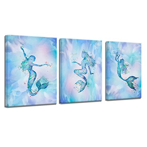 Mermaid Bathroom Decor Wall Art for Bedroom Modern Artwork for Walls Colorful Mermaid Decor for Girl Room Canvas Art Wall Decor Framed Wall Decorations Watercolor Mermaid Wall Pictures for Bedroom