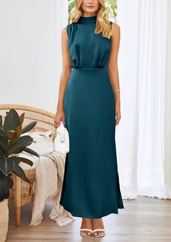 PRETTYGARDEN Women's Long Formal Satin Dress Mock Neck Sleeveless Side Slit Flowy Maxi Tank Dresses (Dark Blue,Medium)