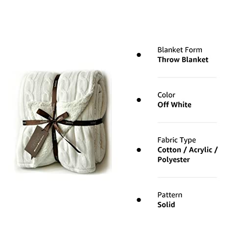 Cable Knit Sherpa Oversized Throw Reversible Blanket Faux Sheepskin Lined Cozy Cotton Blend Sweater Knitted Afghan in Grey White or Turquoise Blue (Off White)