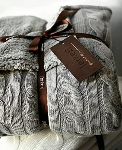 Cable Knit Sherpa Oversized Throw Reversible Blanket Faux Sheepskin Lined Cozy Cotton Blend Sweater Knitted Afghan in Grey White or Turquoise Blue (Off White)