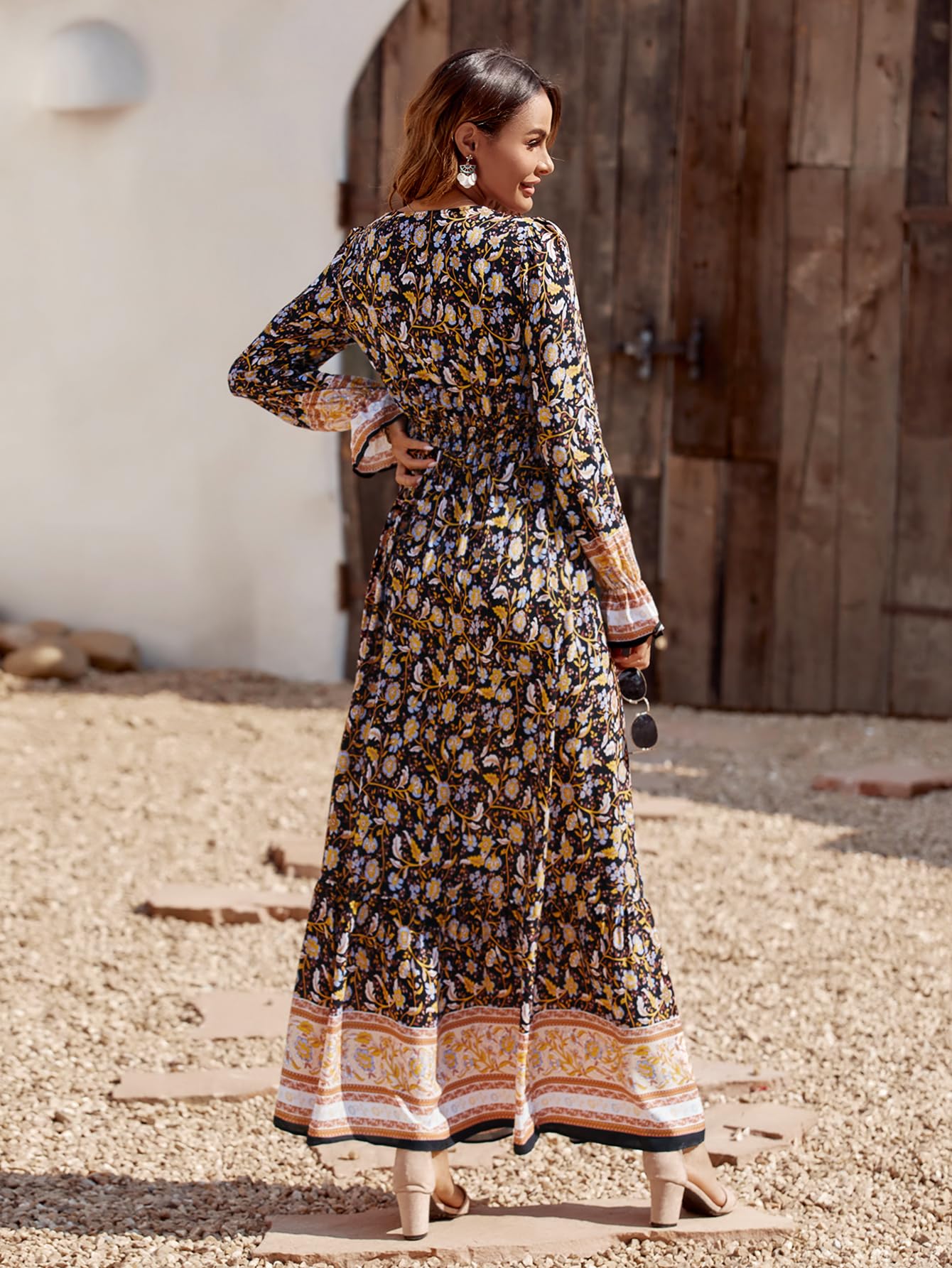 PRETTYGARDEN Long Dress Long Sleeve - Floral Button V Neck Casual Spring Boho Maxi Dresses (Black Yellow,X-Large)