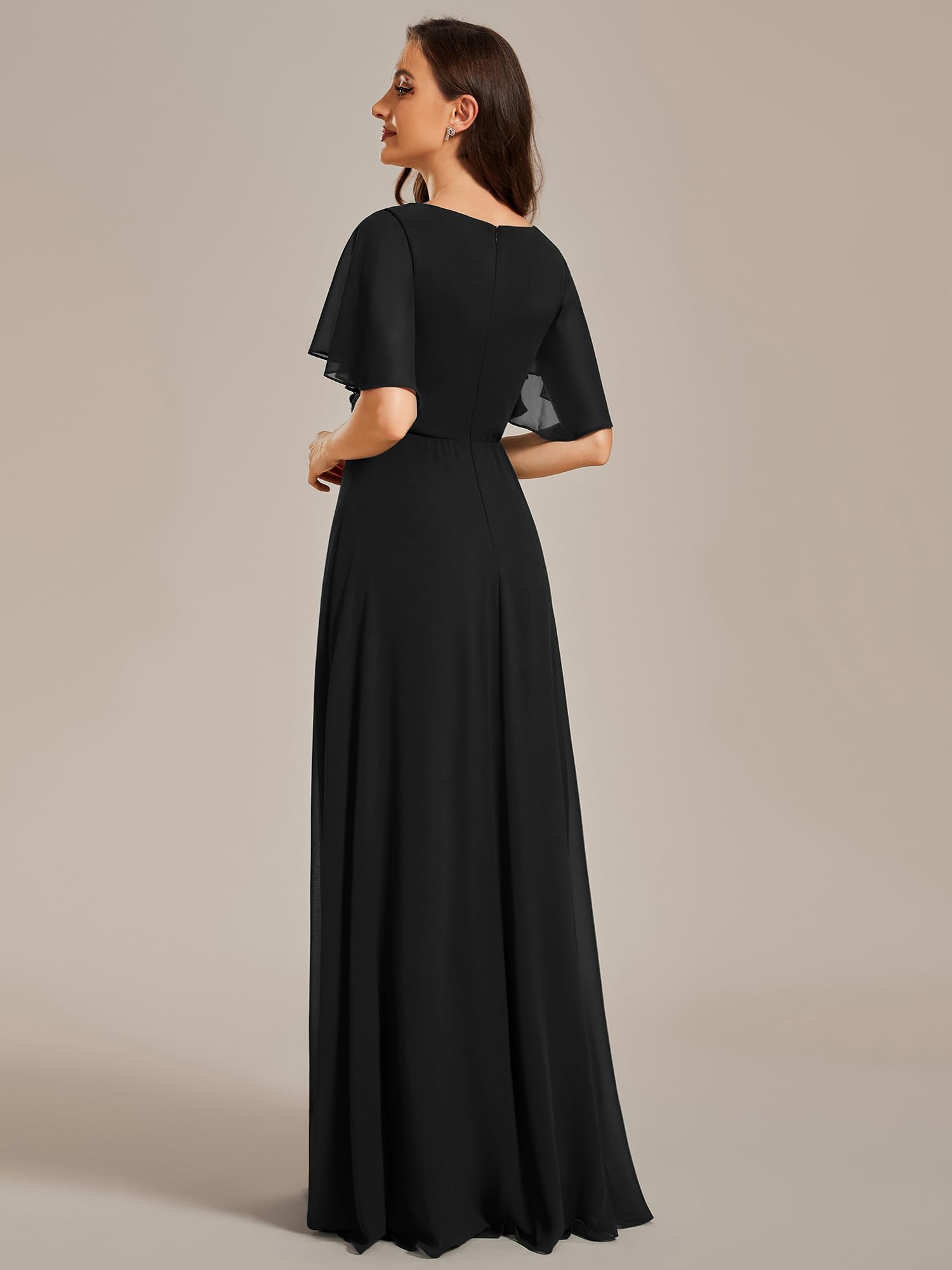 Ever-Pretty Women's Chiffon A-Line Ruched Short Sleeves Applique Waist V Neck Formal Dresses and Evening Gowns Black US20
