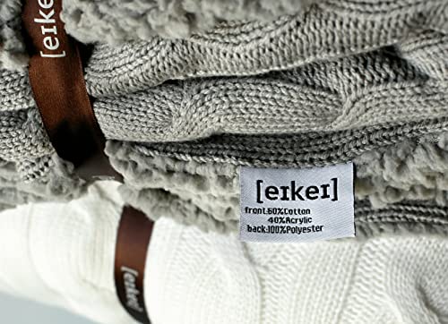 Cable Knit Sherpa Oversized Throw Reversible Blanket Faux Sheepskin Lined Cozy Cotton Blend Sweater Knitted Afghan in Grey White or Turquoise Blue (Off White)