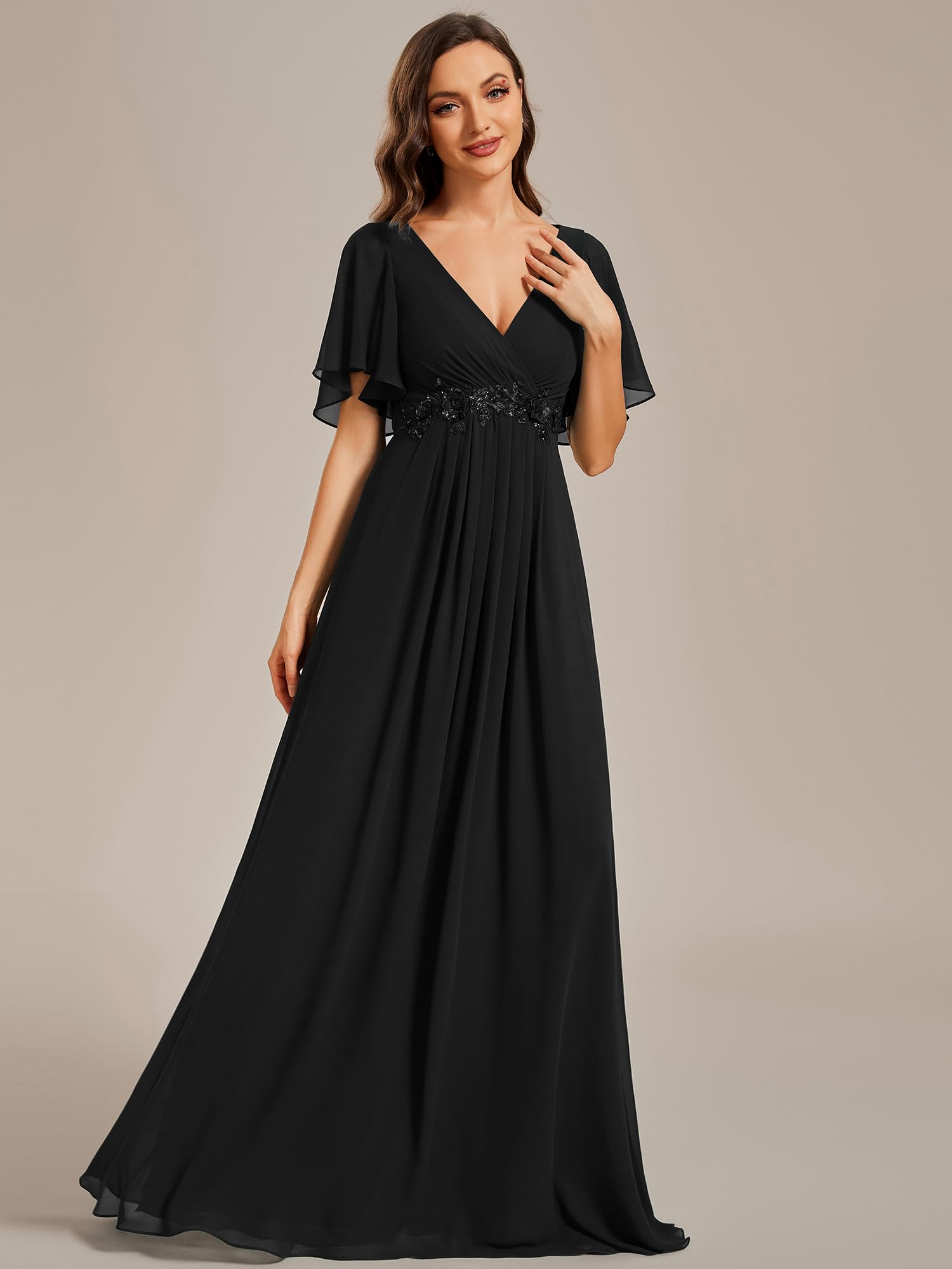 Ever-Pretty Women's Chiffon A-Line Ruched Short Sleeves Applique Waist V Neck Formal Dresses and Evening Gowns Black US20