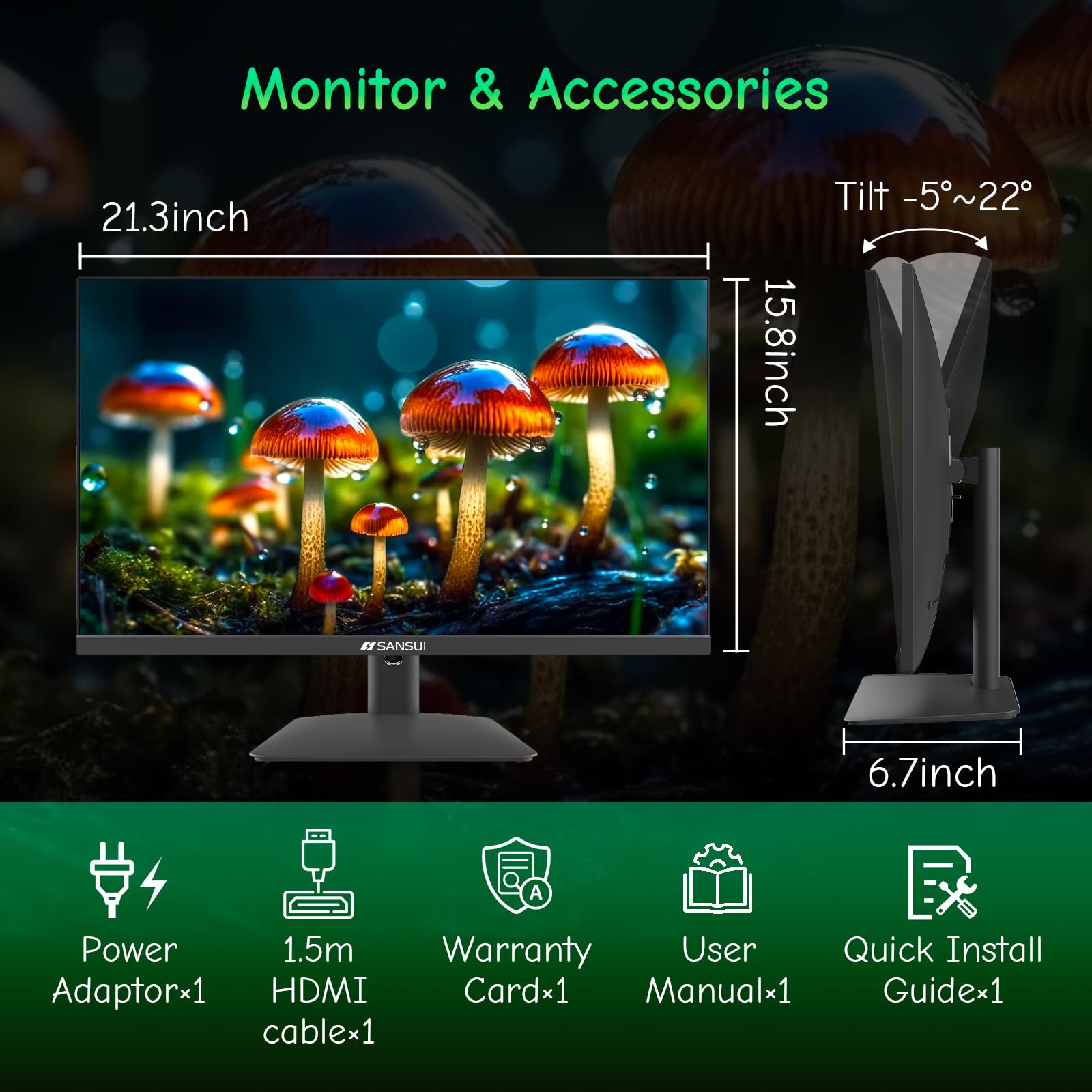 SANSUI Computer Monitor 24 inch IPS Eye Care 1080P Display HDMI,VGA Ports with 178° Viewing Angle/Frame-Less/Tilt/VESA Compatible for Office and Home (ES-24X5AL)