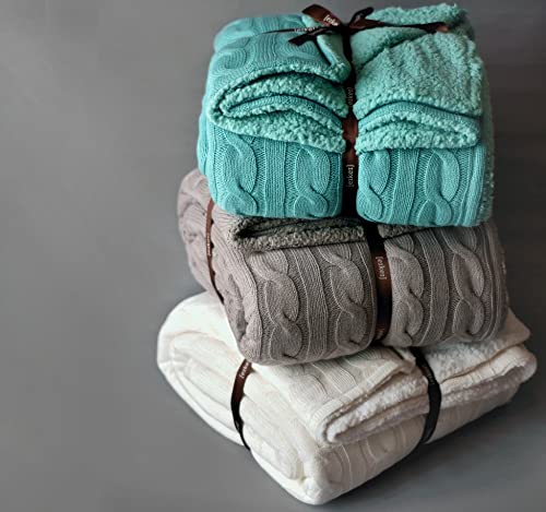 Cable Knit Sherpa Oversized Throw Reversible Blanket Faux Sheepskin Lined Cozy Cotton Blend Sweater Knitted Afghan in Grey White or Turquoise Blue (Off White)