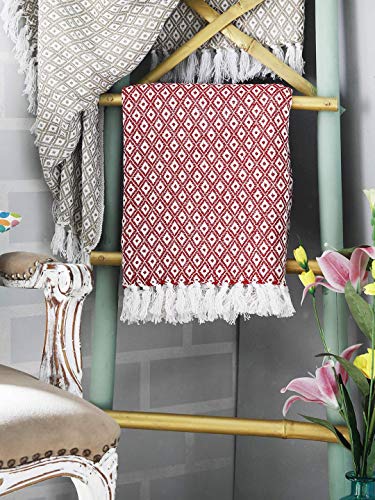 Throw Blanket With Fringes in Mini Diamond Design 50x60 Inch -Red White, Cotton Throw For Sofa, Chair, Bed, & Everyday Use, Well crafted for durability, Farmhouse Throw,All Season Throw Blanket