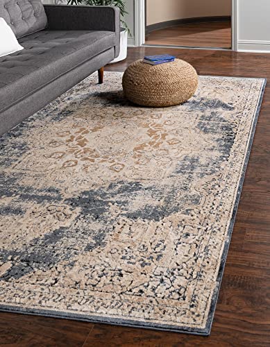 Unique Loom Chateau Collection Vintage, Distressed, Medallion, Rustic, Traditional Area Rug, 8' 0" x 10' 0", Beige/Navy Blue